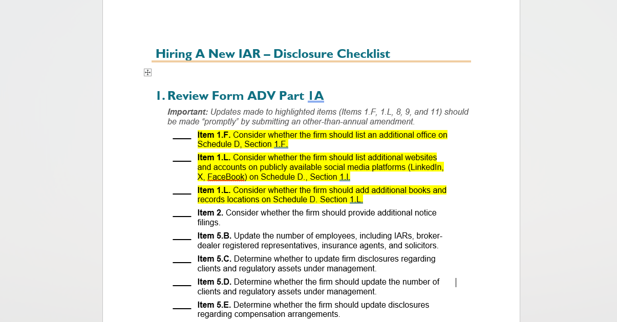 Hiring A New IAR – Disclosure Checklist